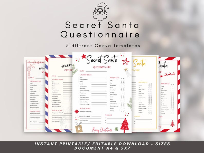 Secret Santa Questionnaire Printable, Team Building Activity, Editable ...