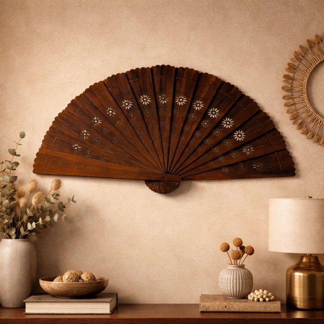 Large Wood Folding Fan Wall Decor – Rustic Asian Boho Art (42") - Etsy