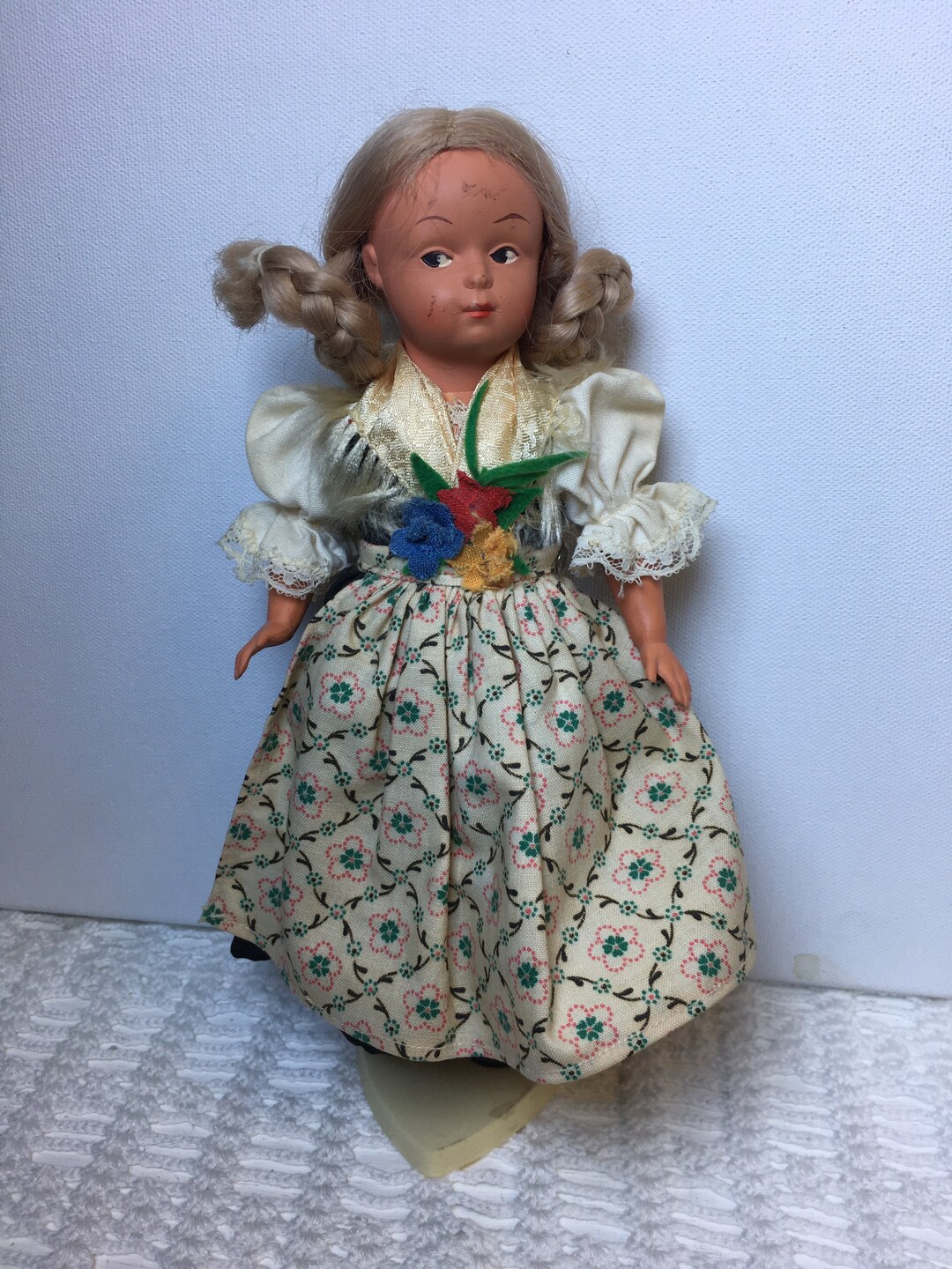 Vintage Doll Dutch Doll Holland Doll, Black Floral Dress Stockings ...
