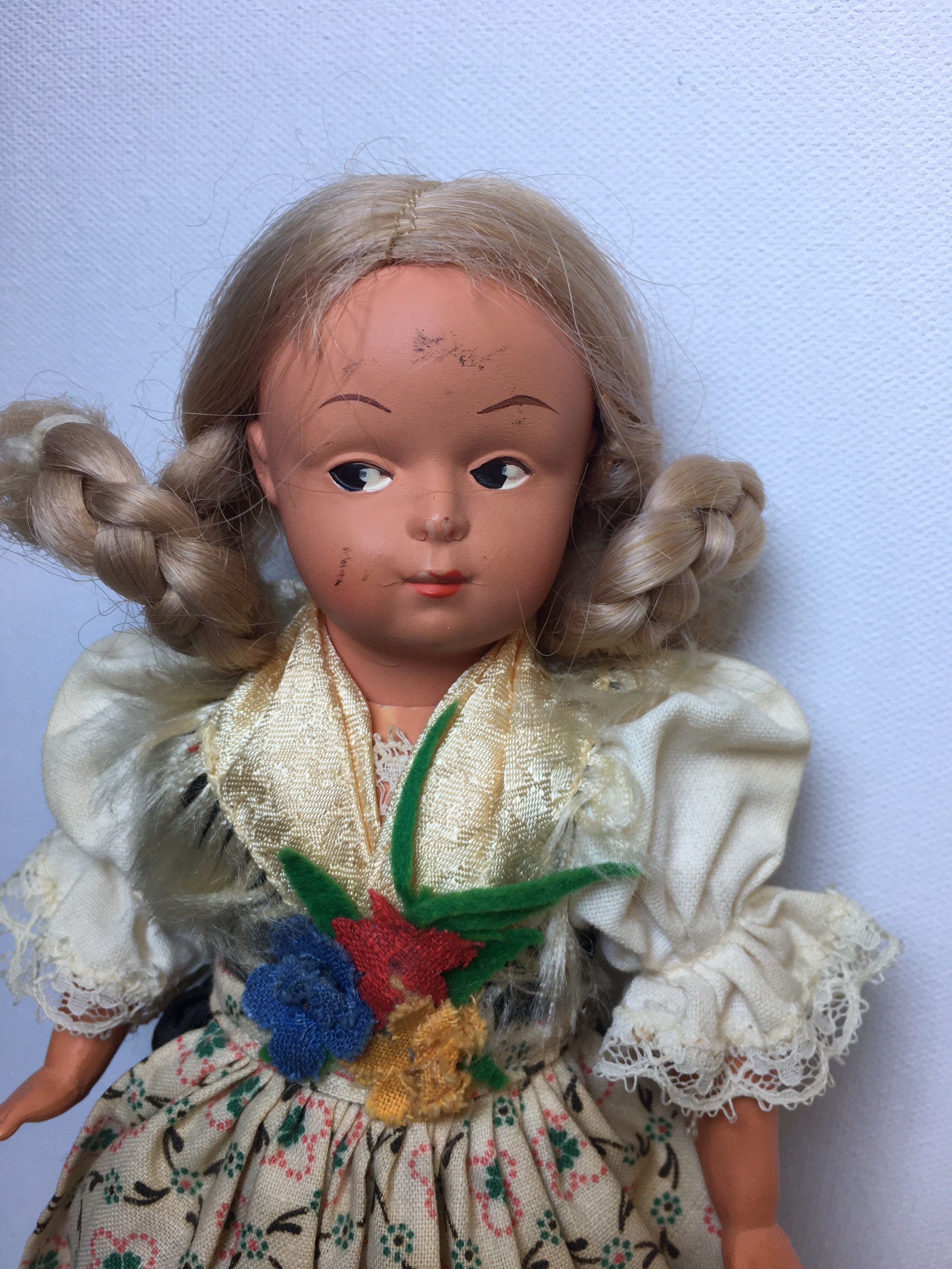 Vintage Doll Dutch Doll Holland Doll, Black Floral Dress Stockings ...