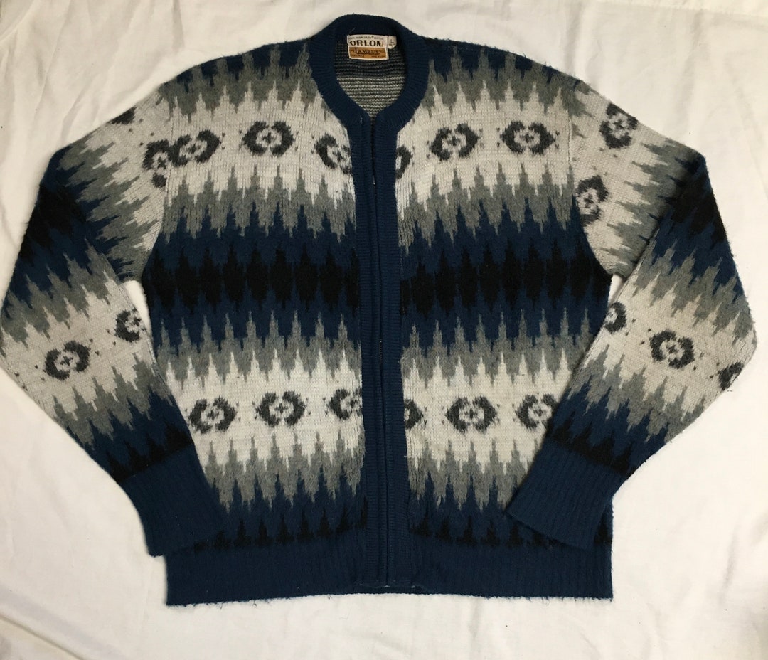 Orlon by Campus Vintage LG Sweater Full Zip 1960's Argyle Fuzzy Acrylic ...