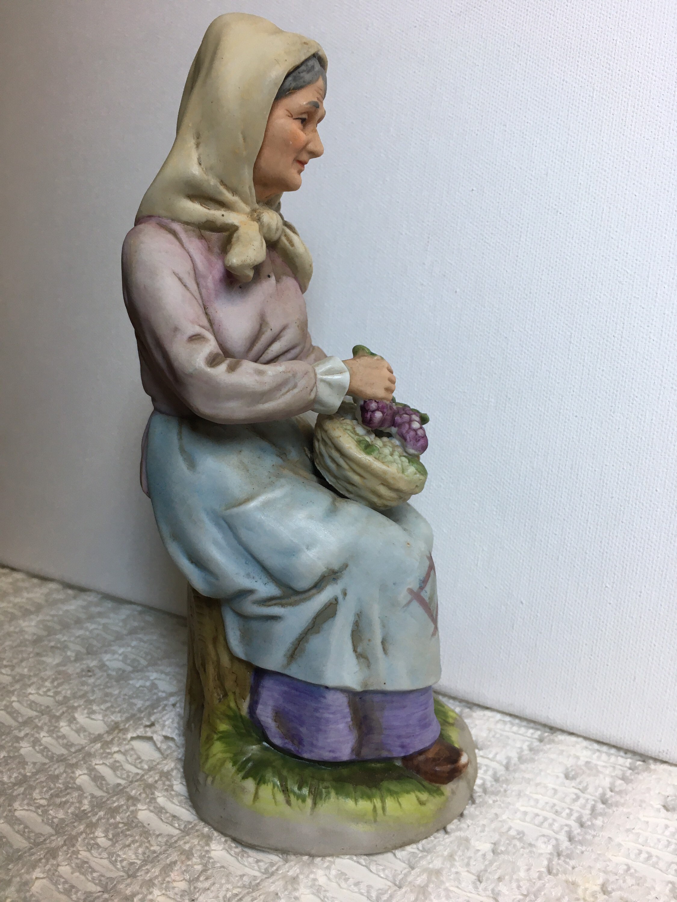 Antique 1960s 60s Bisque Figurine Statue Knick Knack Old Woman Grapes ...