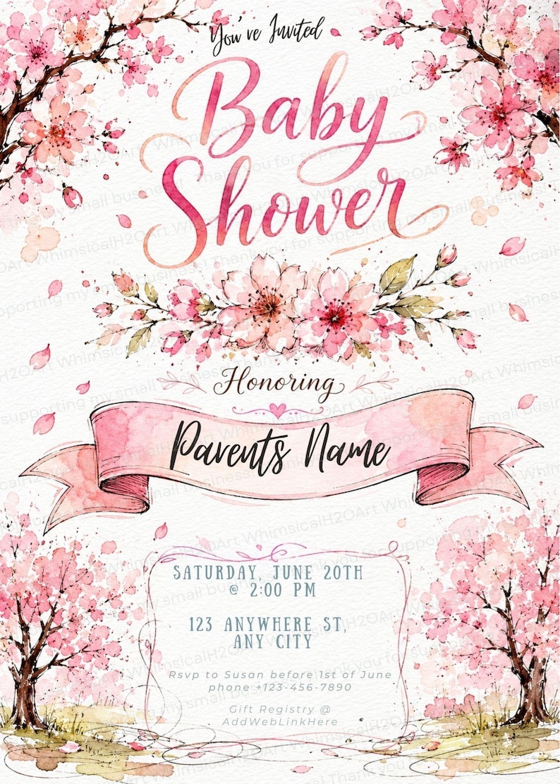Cherry Blossom Baby Shower Editable Invitation Template Bundle, 5x7 ...