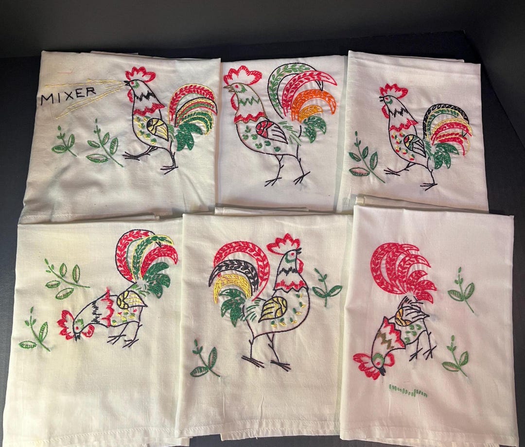 Set of Six Vintage Embroidered Rooster Kitchen Dish Linens/towels - Etsy
