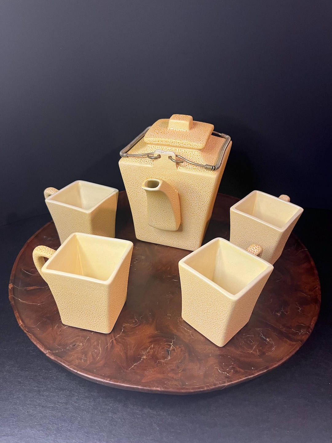 Vintage Chinese Pebble Glaze Tea Set: Teapot, Cups, Burl Wood Tray - Etsy