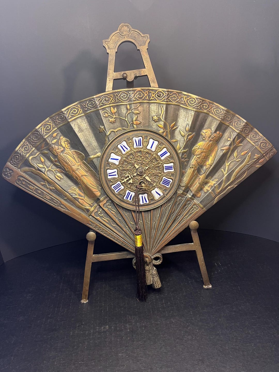 Antique Bronze Art Deco "geisha Fan" Easel Style Winding Clock With Key ...