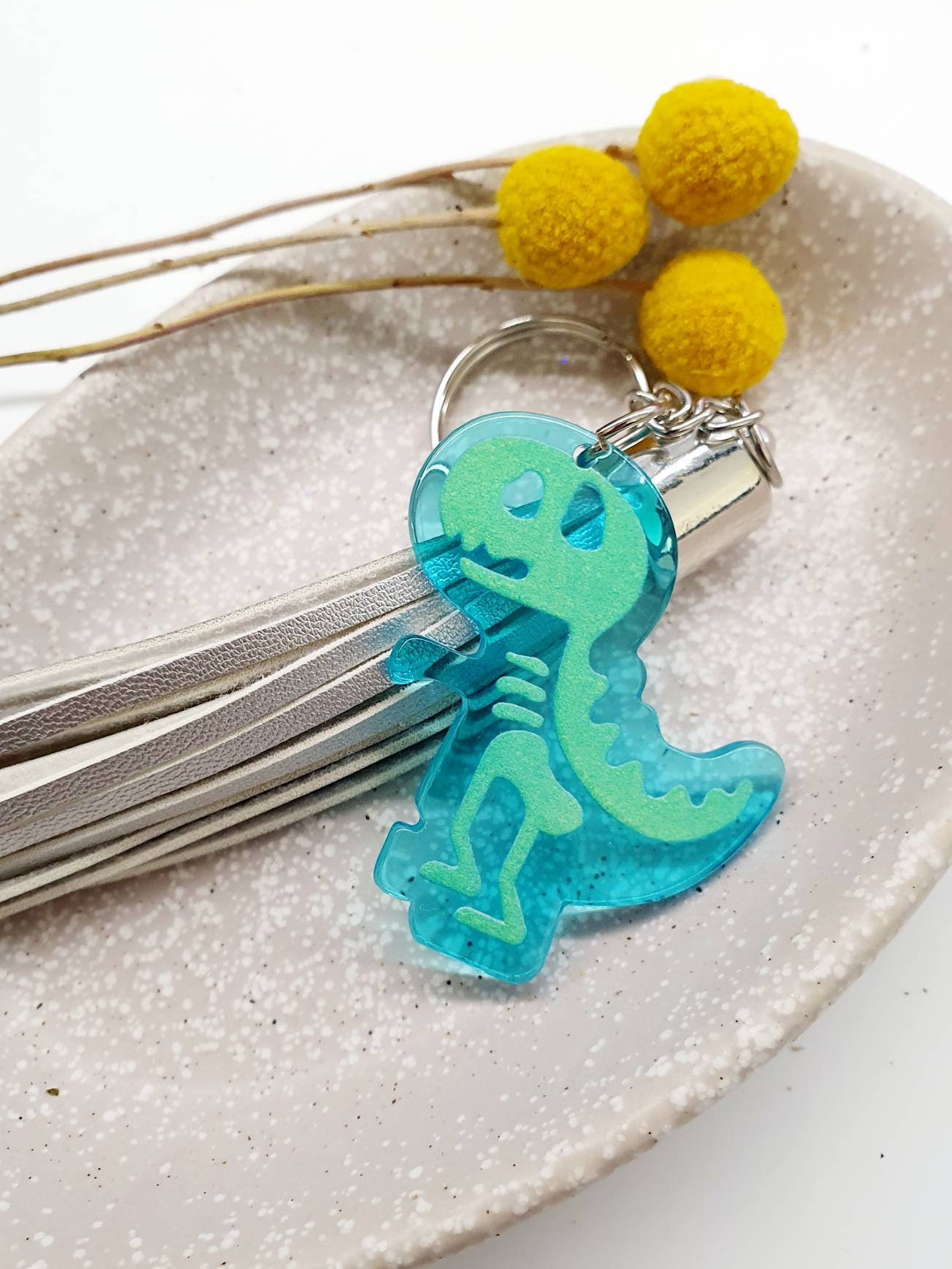 Novelty Dinosaur Keyring / Keychain With Silver Faux Leather Tassel T ...