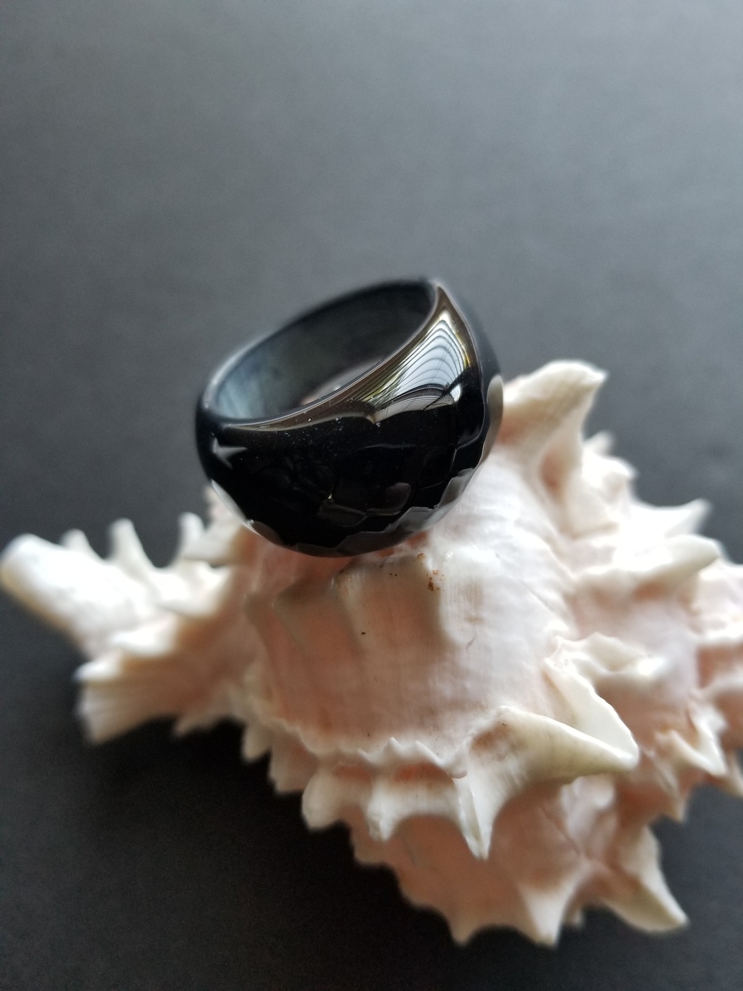 Black Dome Agate Ring: Carved Statement Ring - Etsy