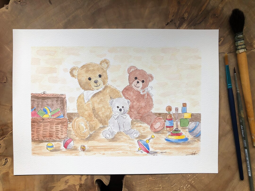 Original Ink and Watercolor Painting of Teddy Bears 24x30cm, Painting ...
