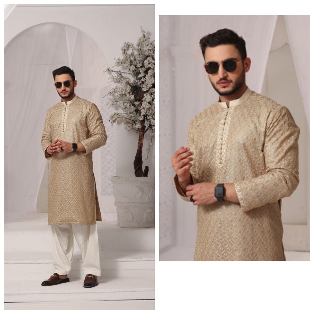 Mens Formal Kurta Shalwar on Jamawar Chikan Embroidery Shalwar Kameez ...