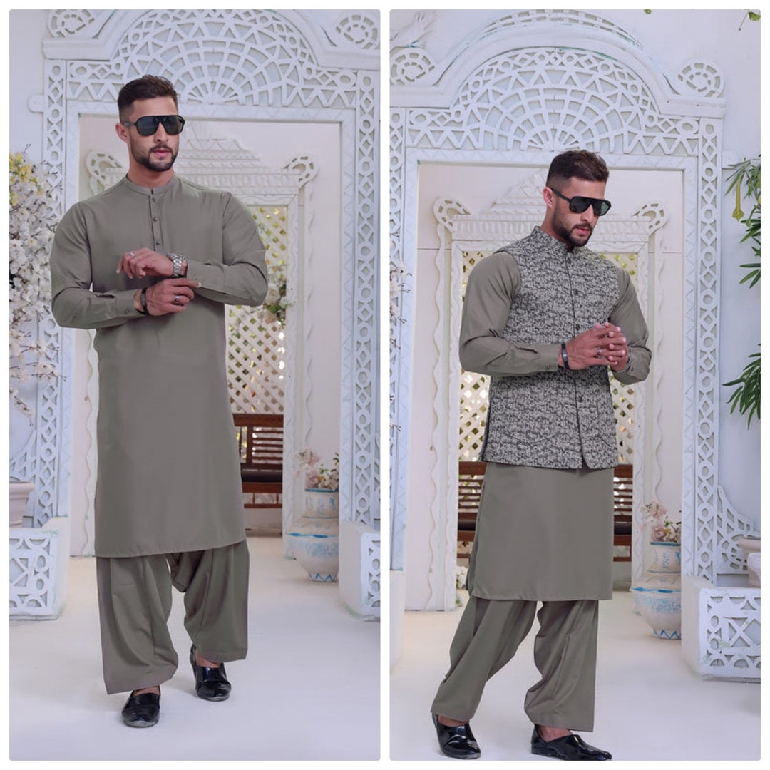 Mens Kurta Pajama Waistcoat Pakistani Indian Mens Formal Kameez Shalwar ...
