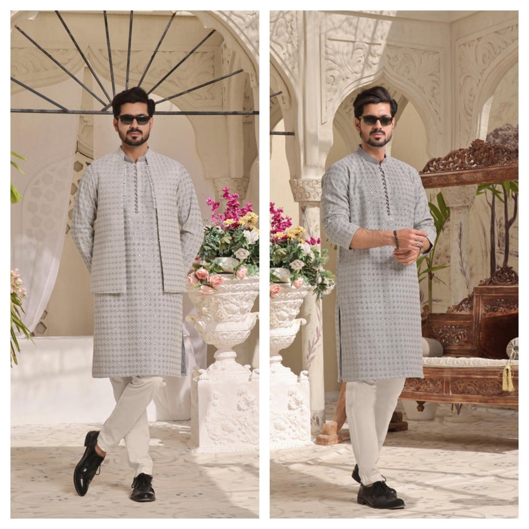 Mens Kurta Pajama Waistcoat Men's Formal Designer Sequence Work Kurta ...