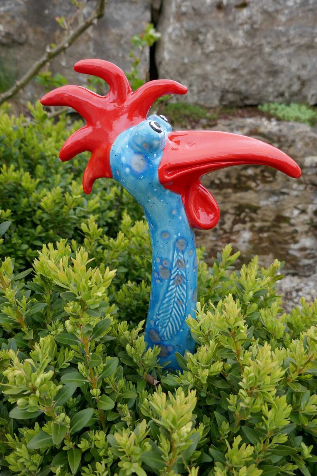 Ceramic Rooster Garden Stake | Rooster Neck Ocean Blue | Garden ...