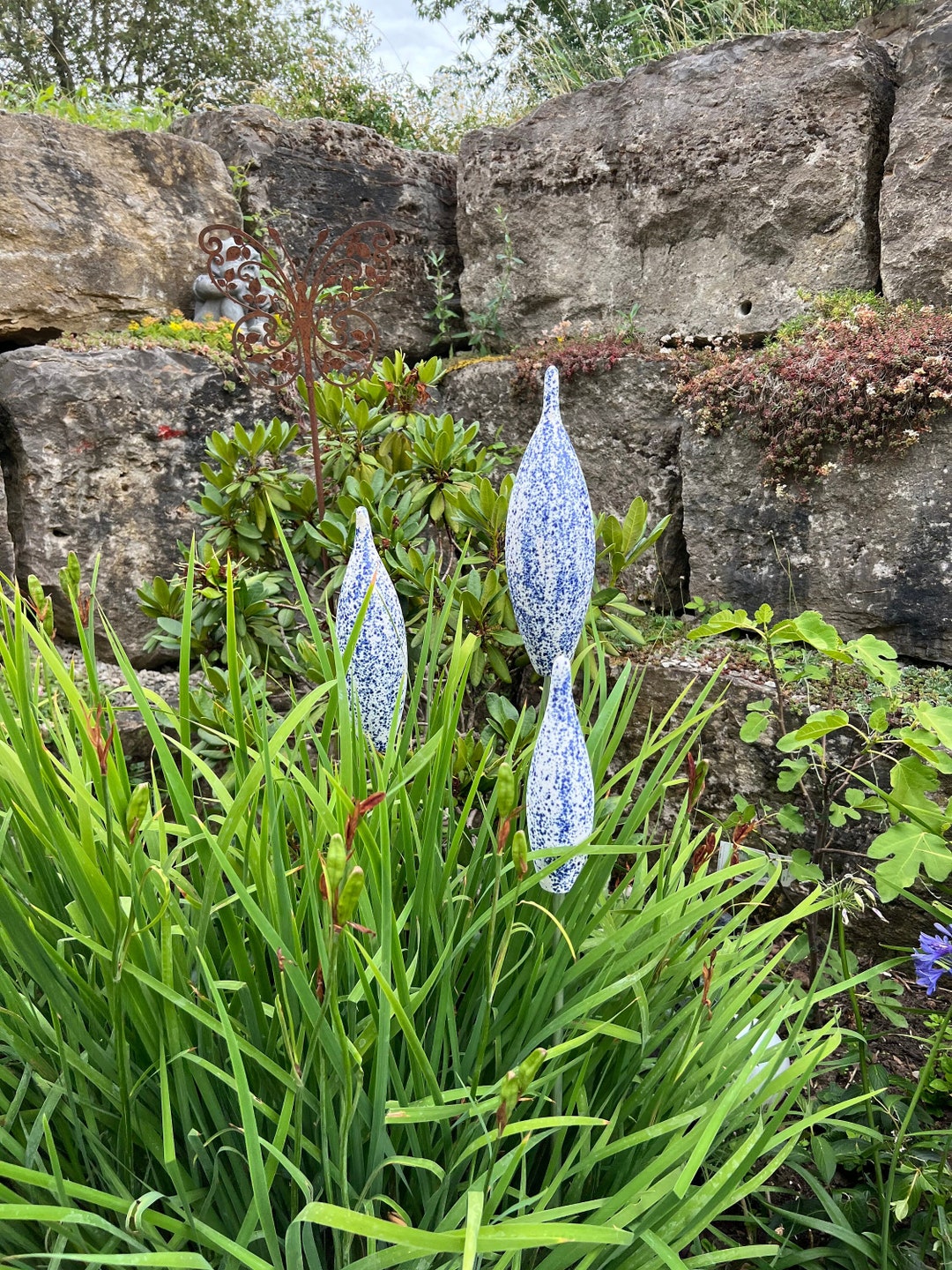 Garden Stakes Ceramic Stele Set of 3 Modern Tips Santorini Blue-white ...