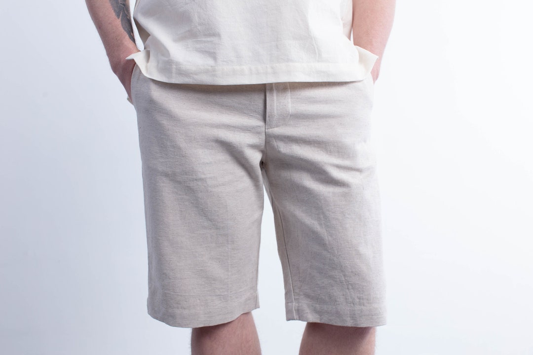 Beige Knee Length Linen Shorts for Men, Classic Thicker Linen Shorts ...