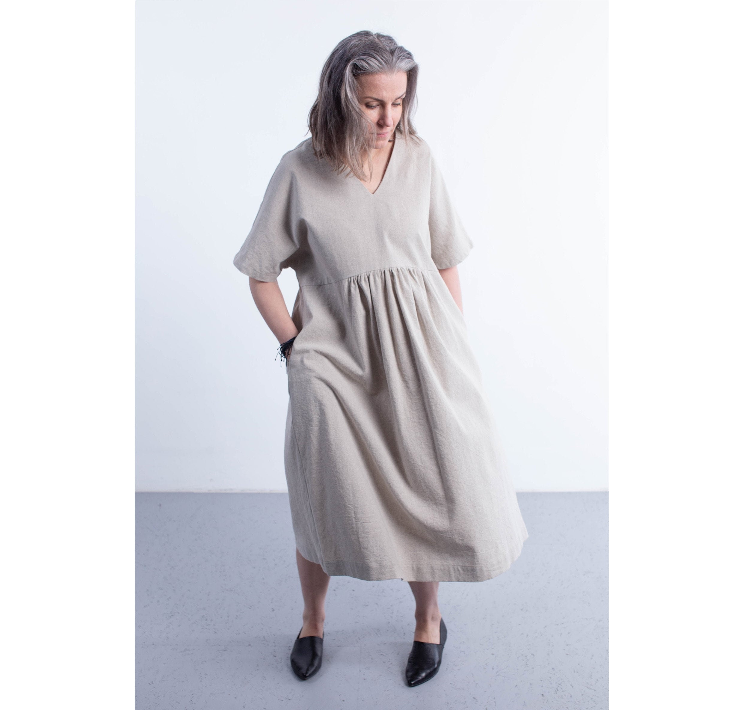 Loose Silhouette Linen Dress for Women, Comfortable Oversize Dress, V ...