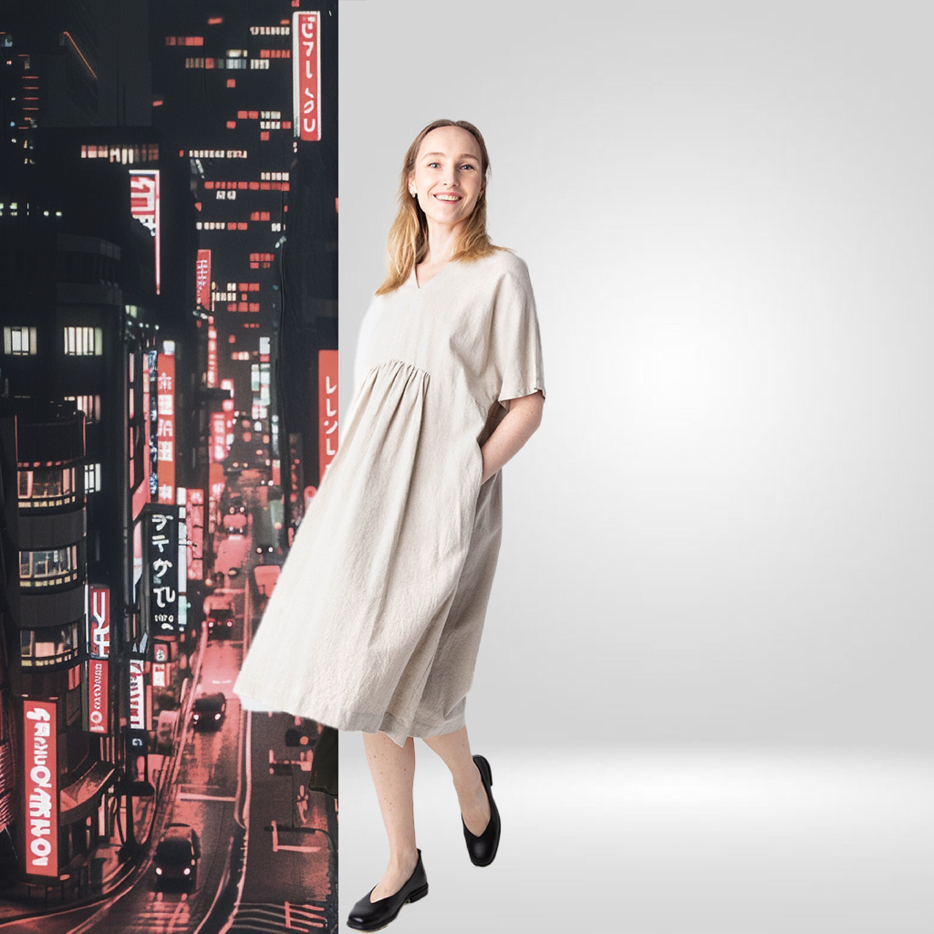 Loose Silhouette Linen Dress for Women, Comfortable Oversize Dress, V ...