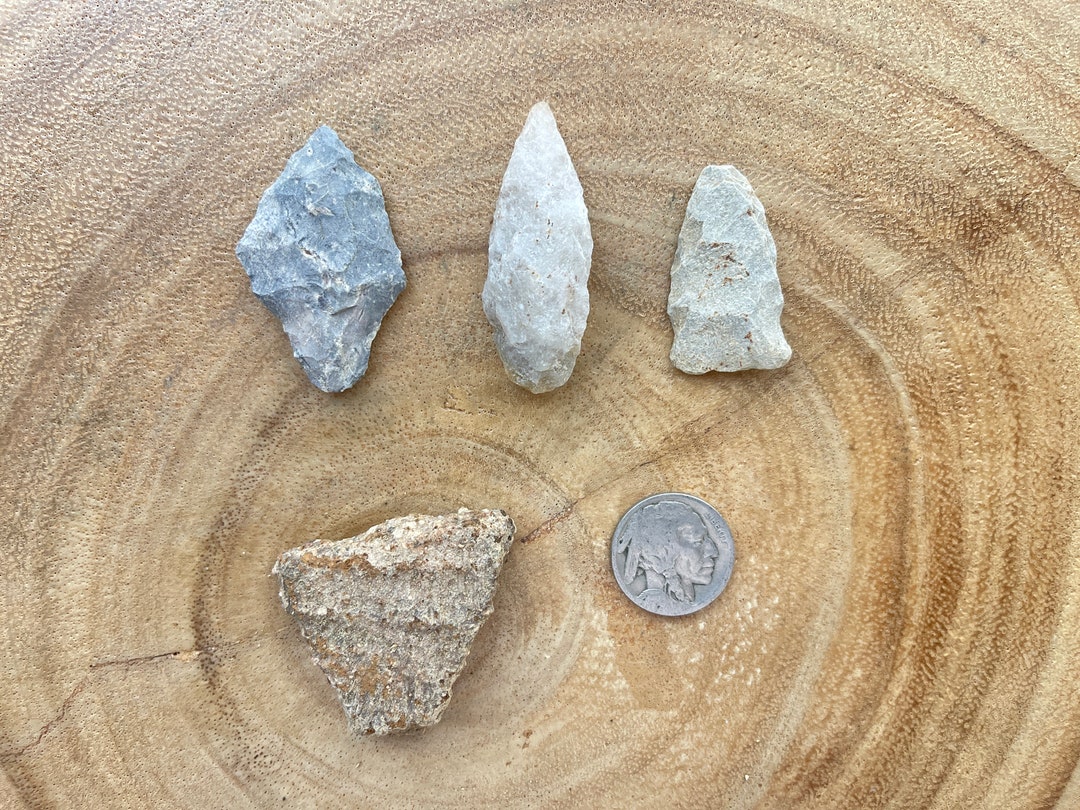 Authentic North Carolina Native American Arrowheads, Lot of (3) With (1) Pottery Shard ...