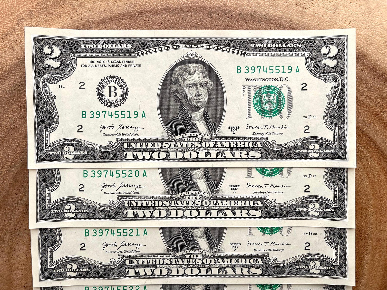 2017 Two Dollar Bills Series A, Lot of (5), Consecutive Serial #'s ...