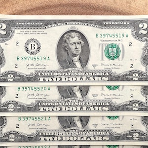 2017 Two Dollar Bills Series A, Lot of (5), Consecutive Serial #'s ...