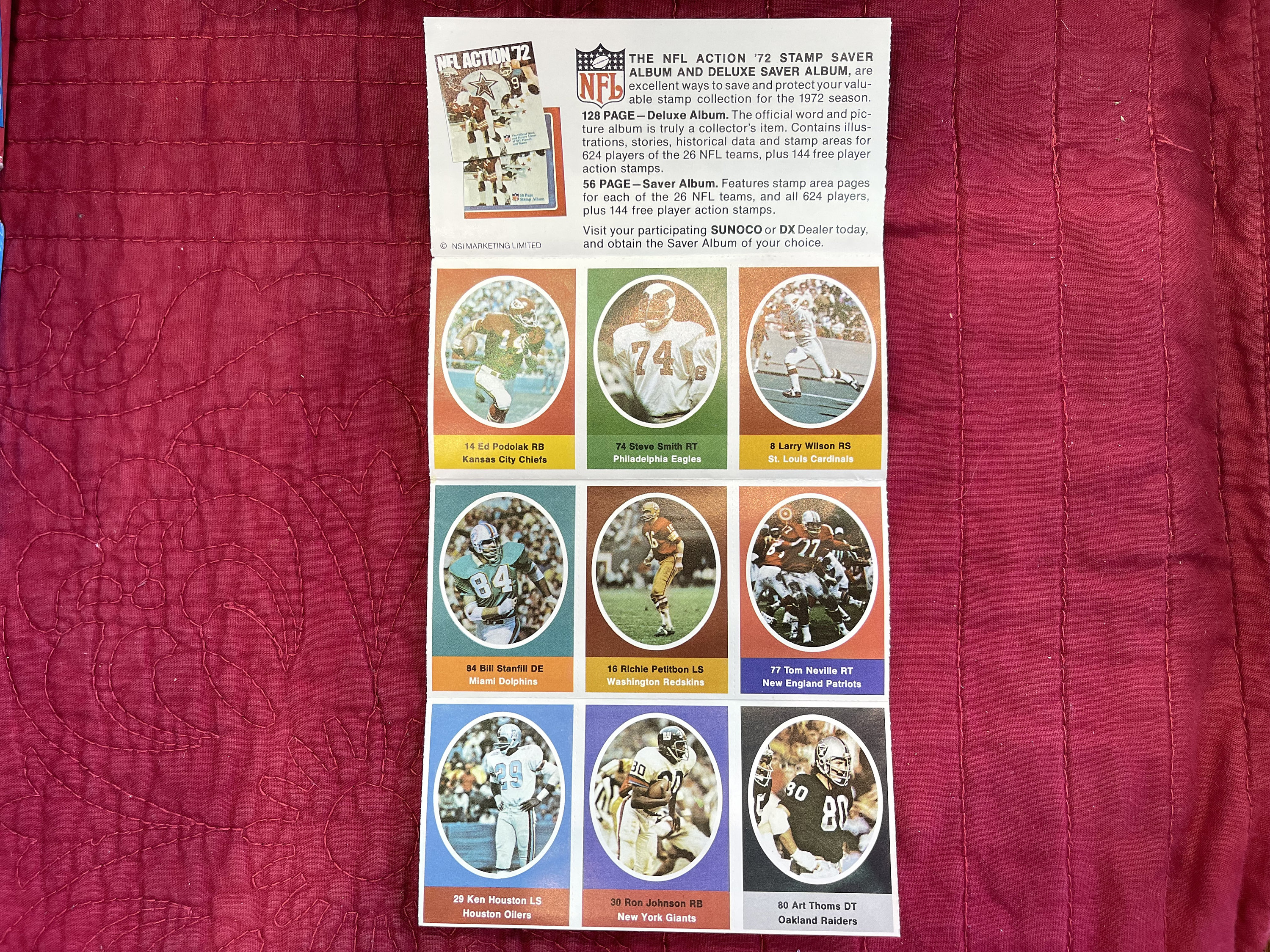 1972 Sunoco DX Football Sticker-stamps, Lot of (4), (9) per Tri-fold ...