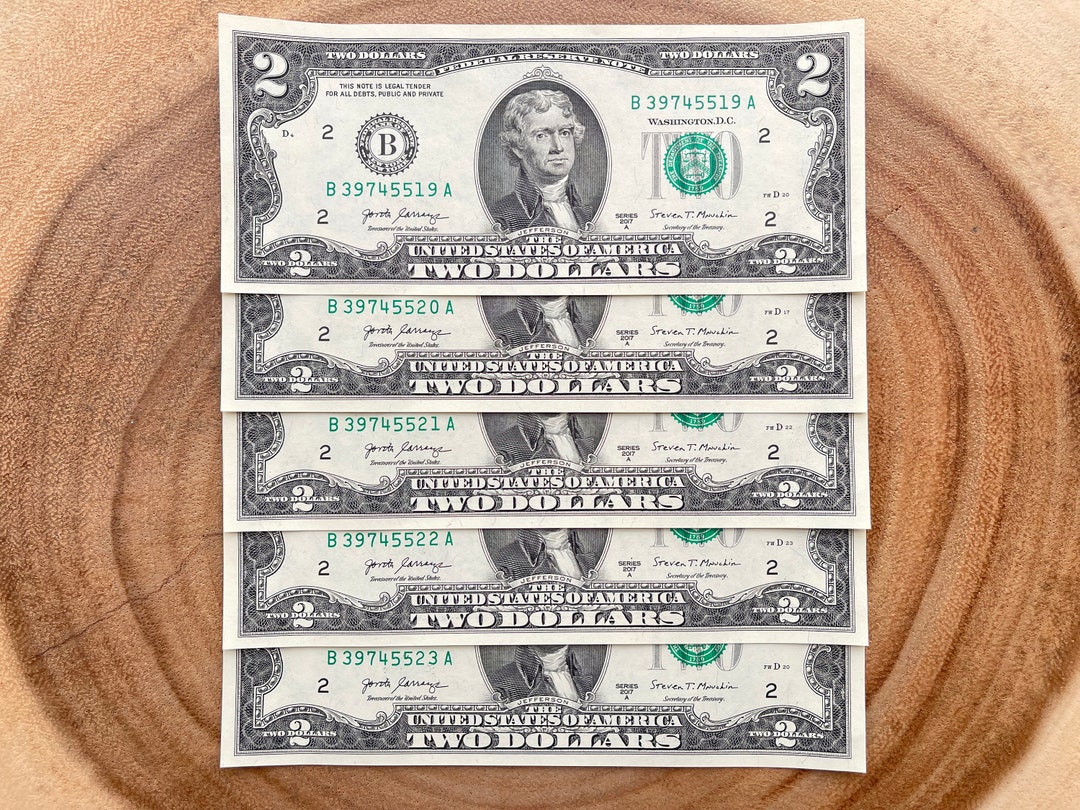 2017 Two Dollar Bills Series A, Lot of (5), Consecutive Serial #'s ...