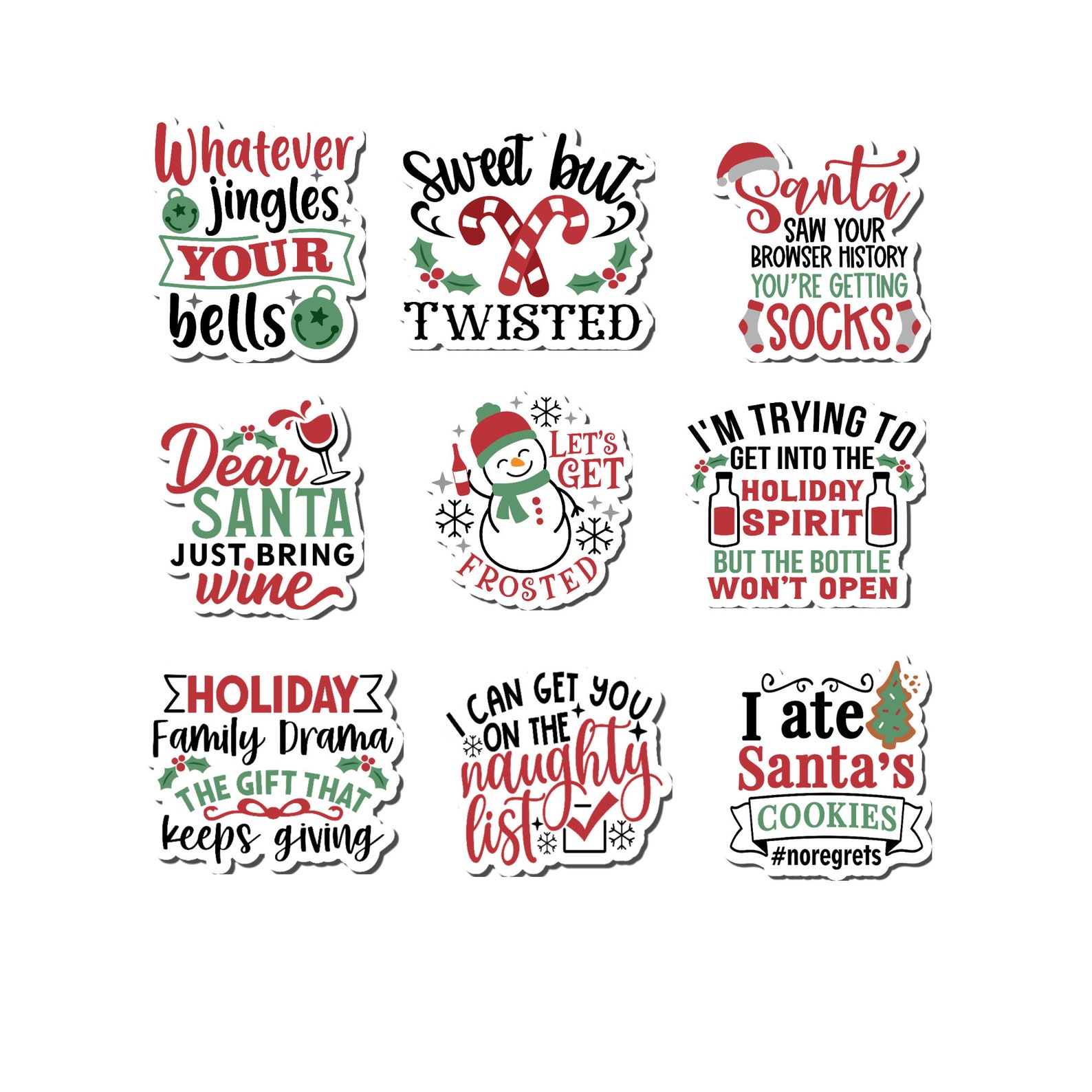 9 Pk Funny Christmas Vinyl Sticker Decals, 3 Inch Tall Stick on Journal ...