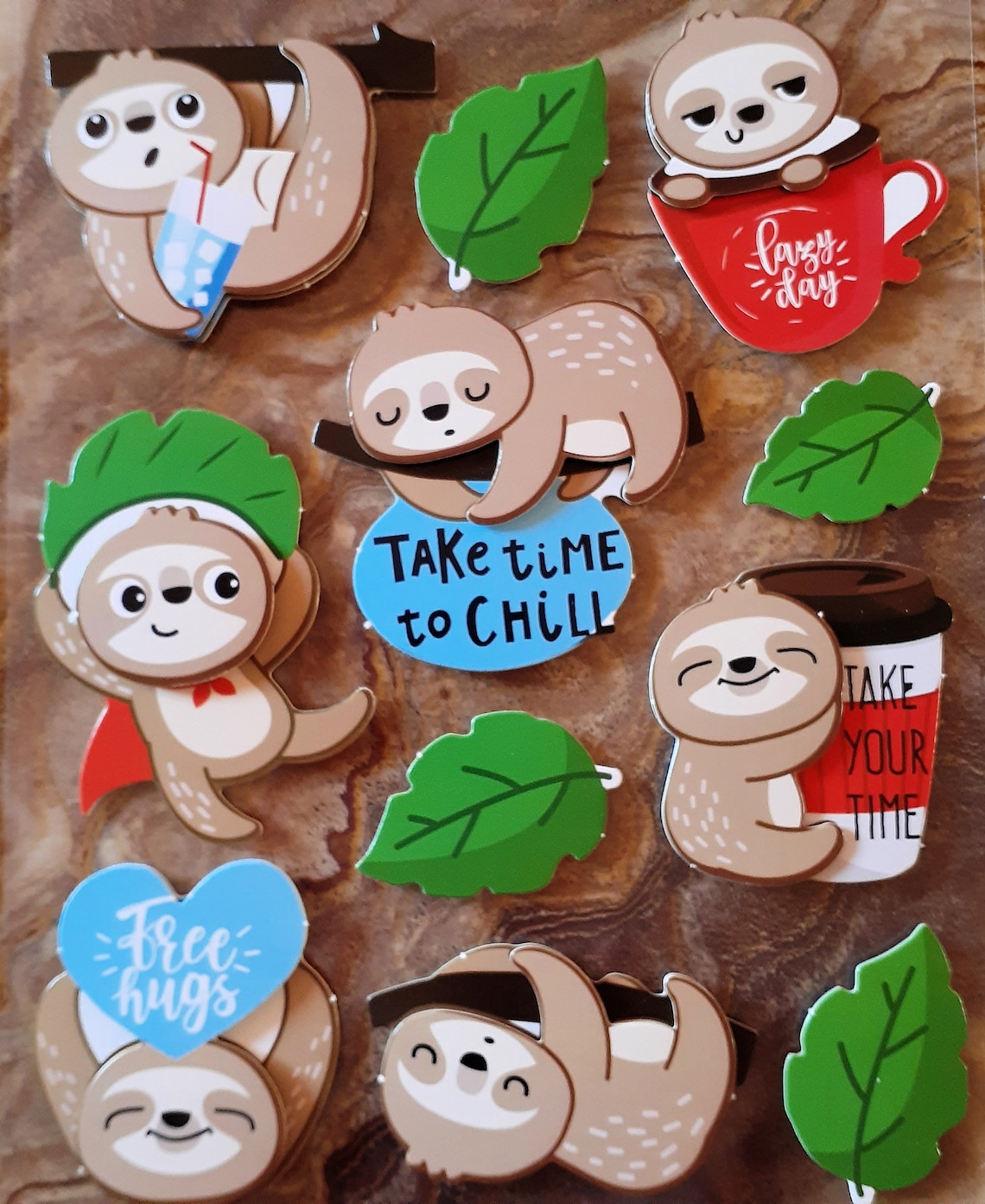 3D Layered Sloth Stickers Set of 7 Sloths & 4 Flat Leaves - Etsy