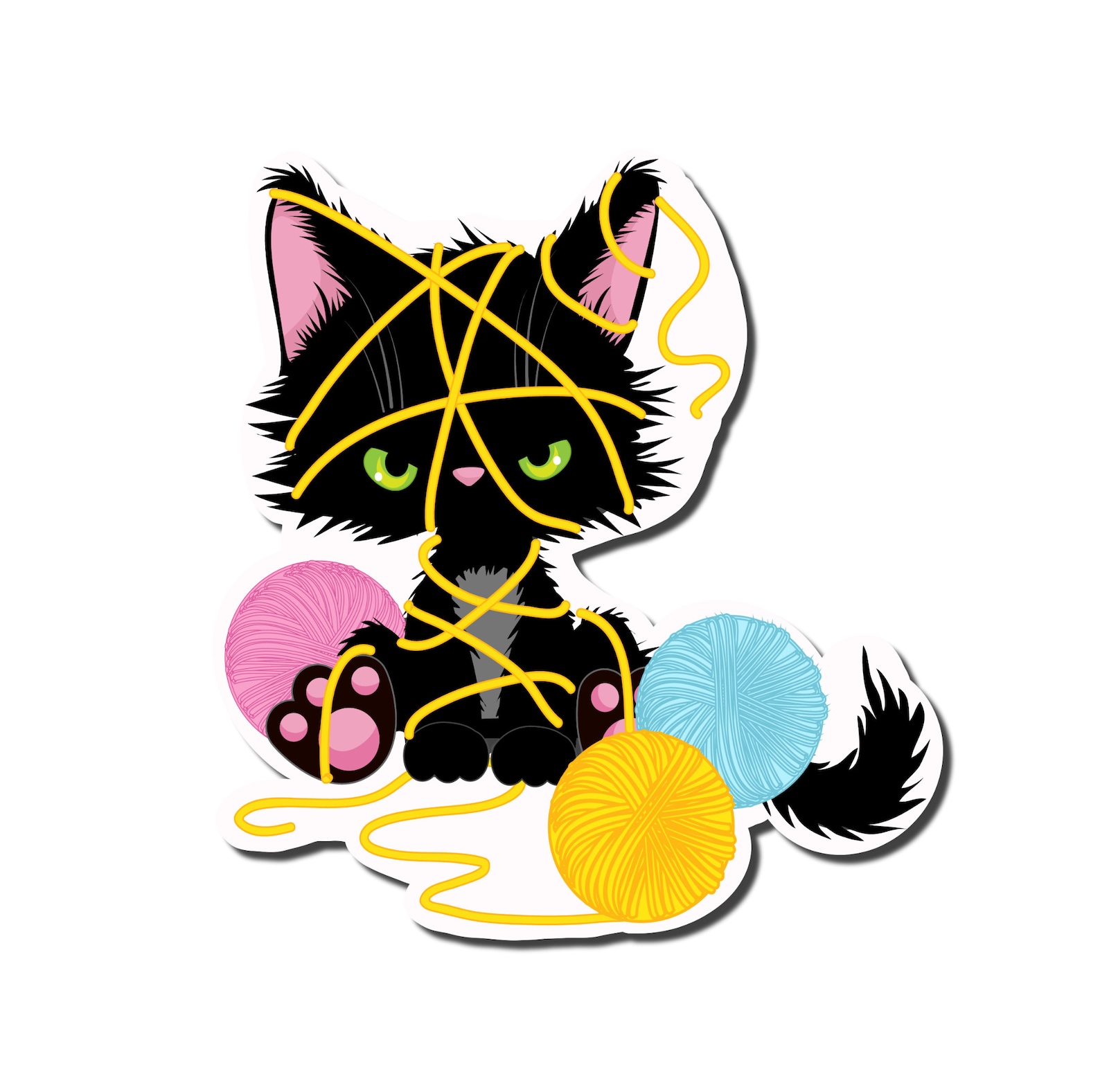 Cartoon Cat With Balls of Yarn Vinyl Sticker Decal - Birthday Party ...