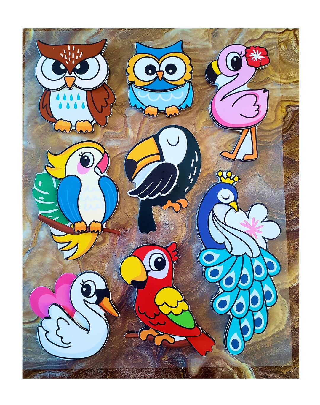 3D Layered Animal Stickers - Set of 8 Colorful - Owls, Peacock, Swan ...
