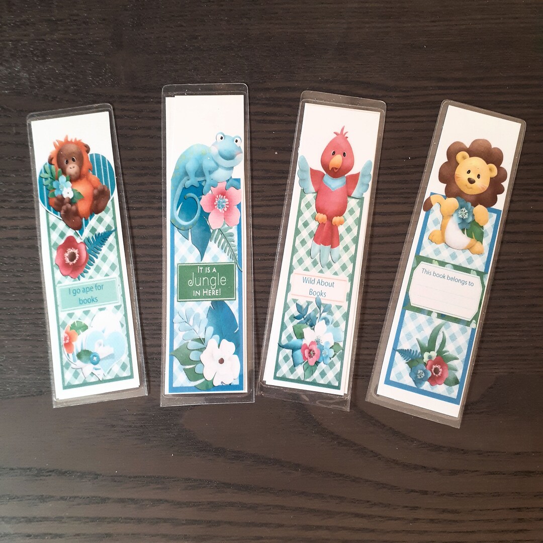 Set of 4 Jungle Cartoon Animals Bookmark, 2 Sided Laminated for Kid's ...