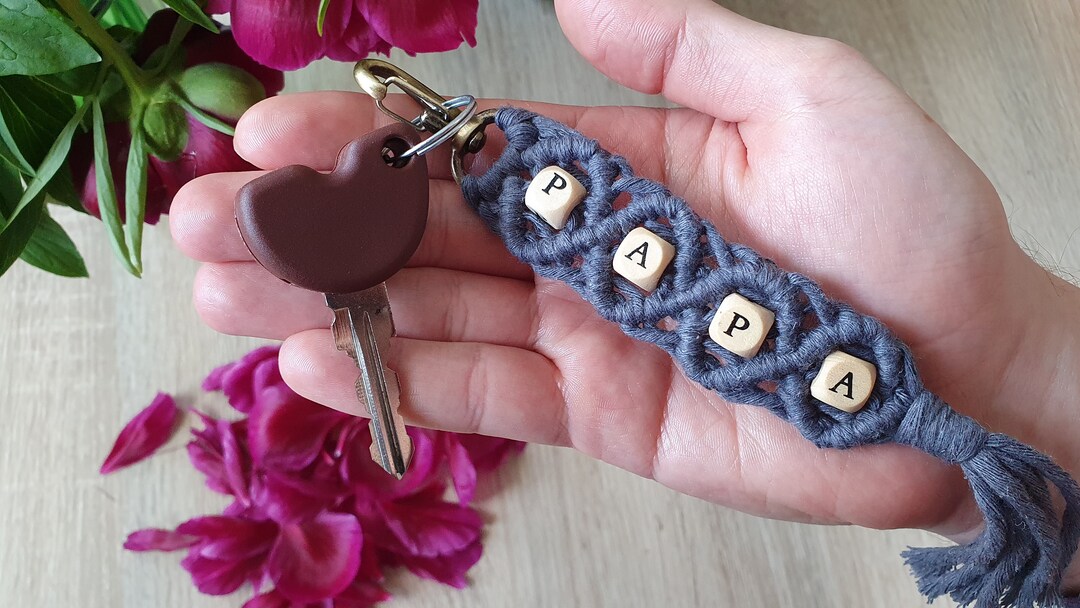 PAPA Macramé Keychain With Wooden Cube - Etsy