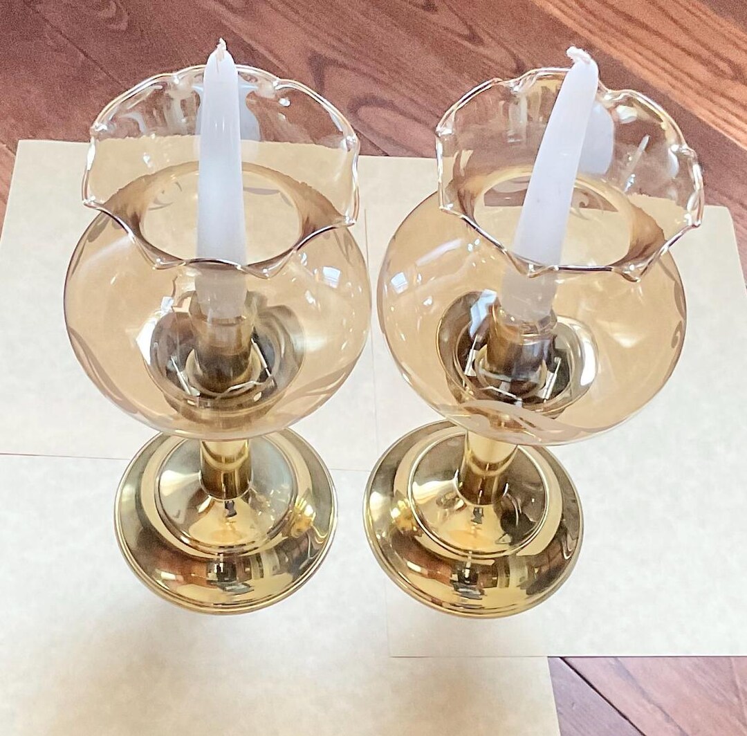 Vintage Brass Hurricane Candle Lamps With Etched Amber Glass. . Spring ...