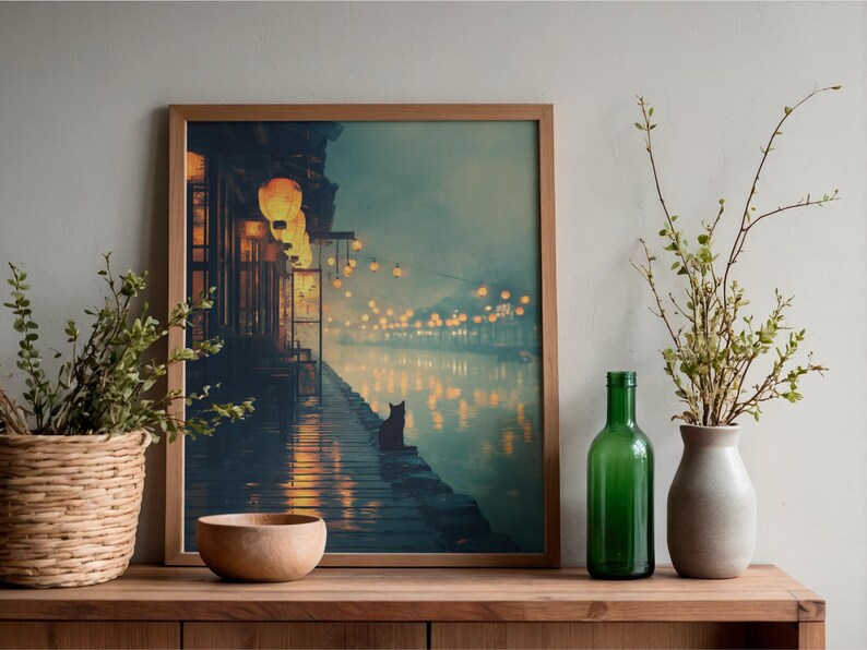 Rainy Japanese Riverside Black Cat Wall Art Print – Cozy Lantern Wabi Sabi Inspired Decor - Etsy