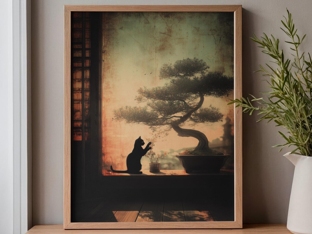 Japanese Inspired Black Playful Cat Wall Art – Pine Bonsai Window Scene ...