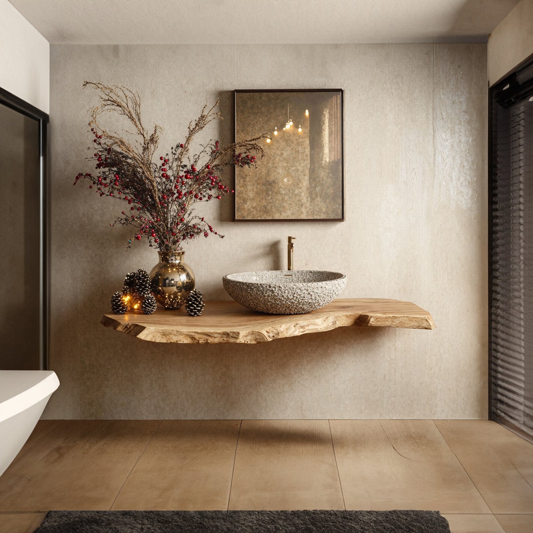 Handcrafted Floating Vanity Desk Shelf Bathroom Shelves Live Edge ...