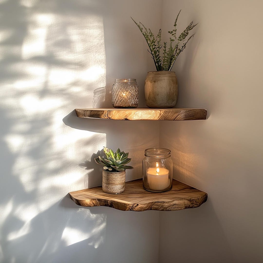 Boho Home Rustic Live Edge Corner Floating Shelf, Custom Size Live Edge ...