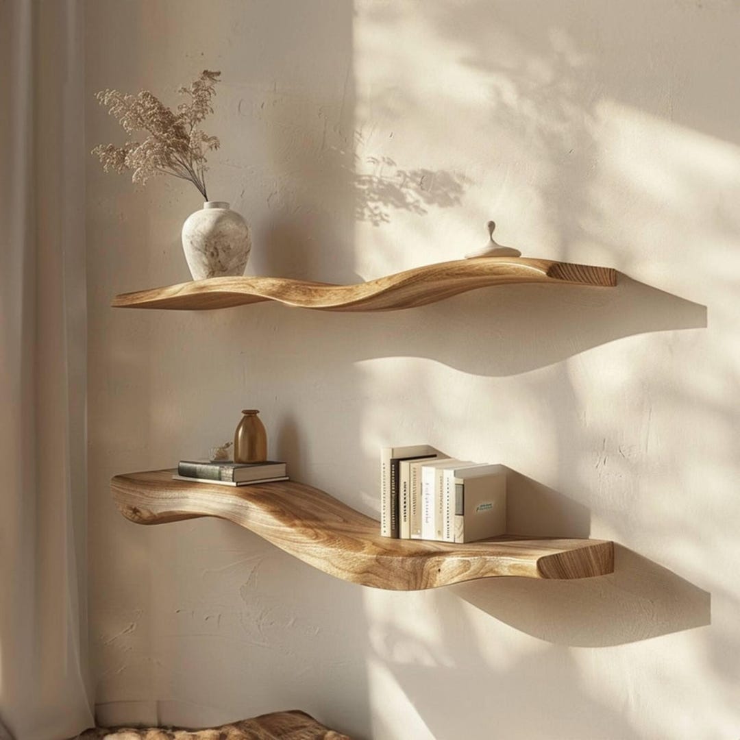Wavy Shelf Live Edge Floating Shelves Solid Wood Wall Mount Bookshelf ...