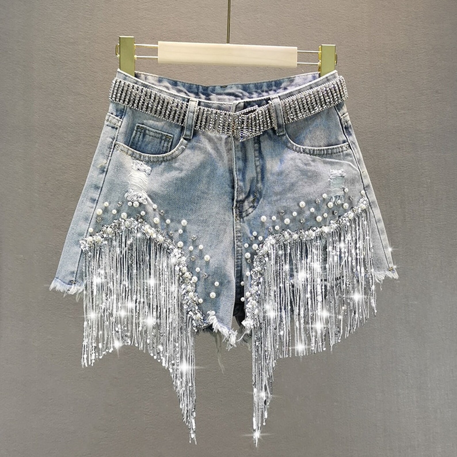 Womens Luxury Rhinestone Tasseled Denim Shorts 2021 Etsy