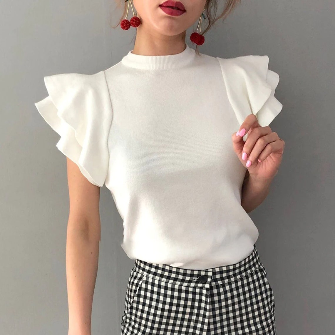 Classy Ruffled Short Sleeves Autumn Knitted Style Womens Etsy