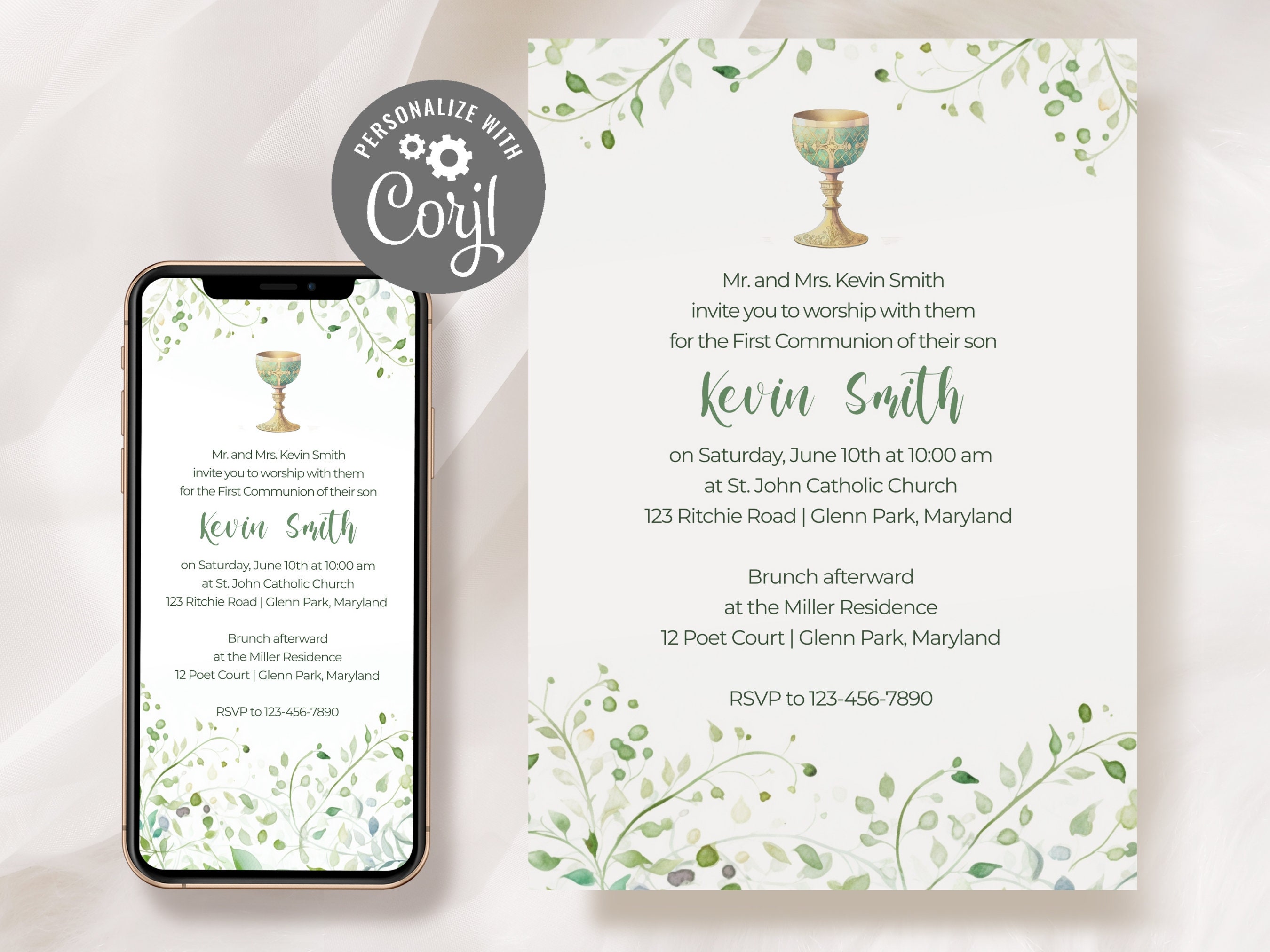 Chalice First Communion Invitation Template Leaves Editable Boy ...