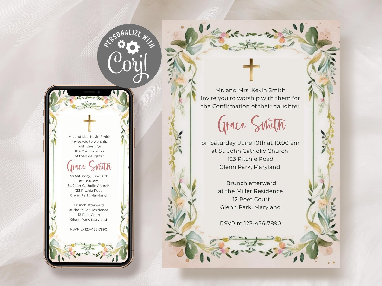 Flower Confirmation Invitation Template Editable Rustic Cross Girl ...