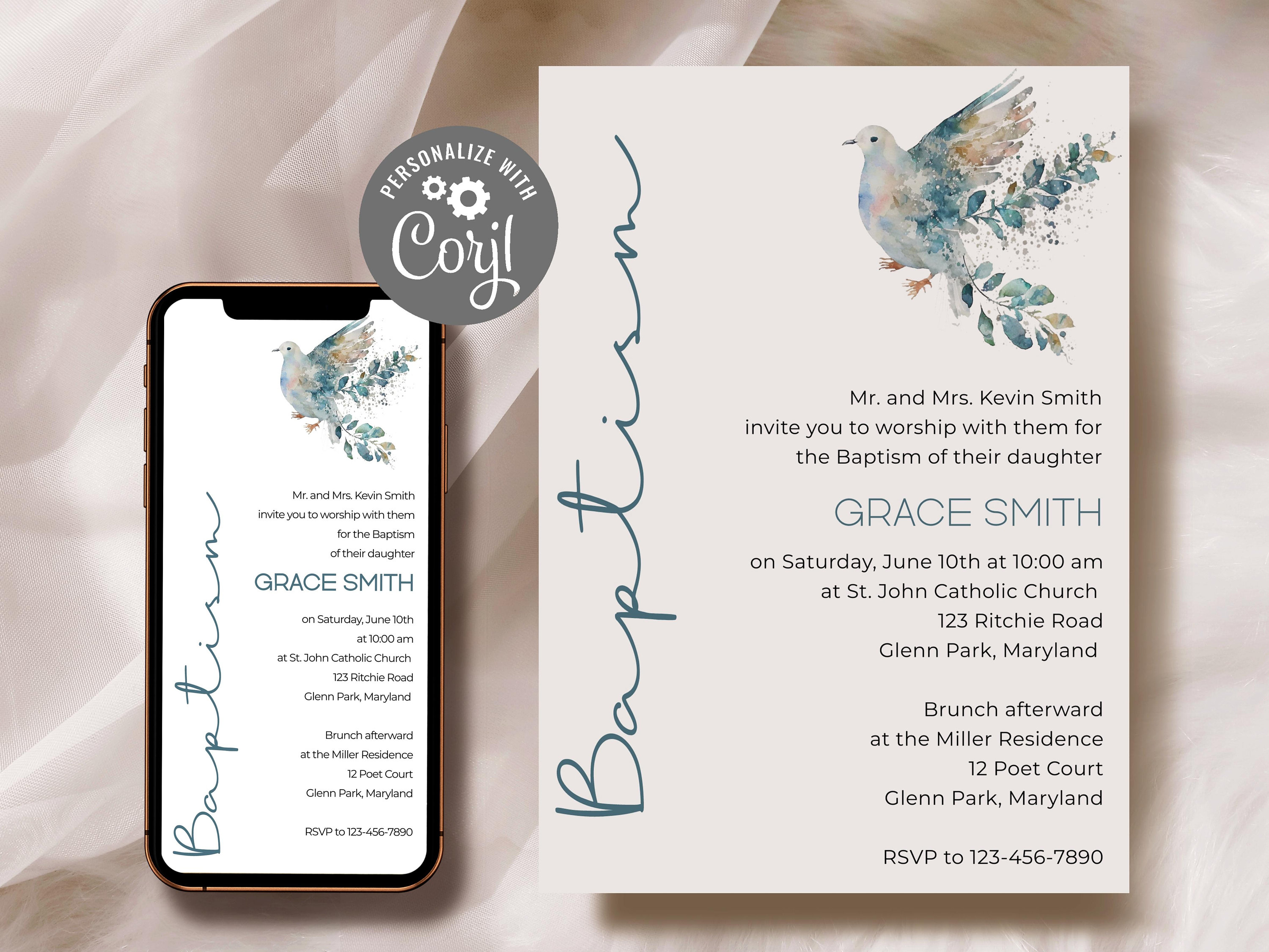 Watercolor Dove Baptism Invitation: Modern Christening Invite (digital ...