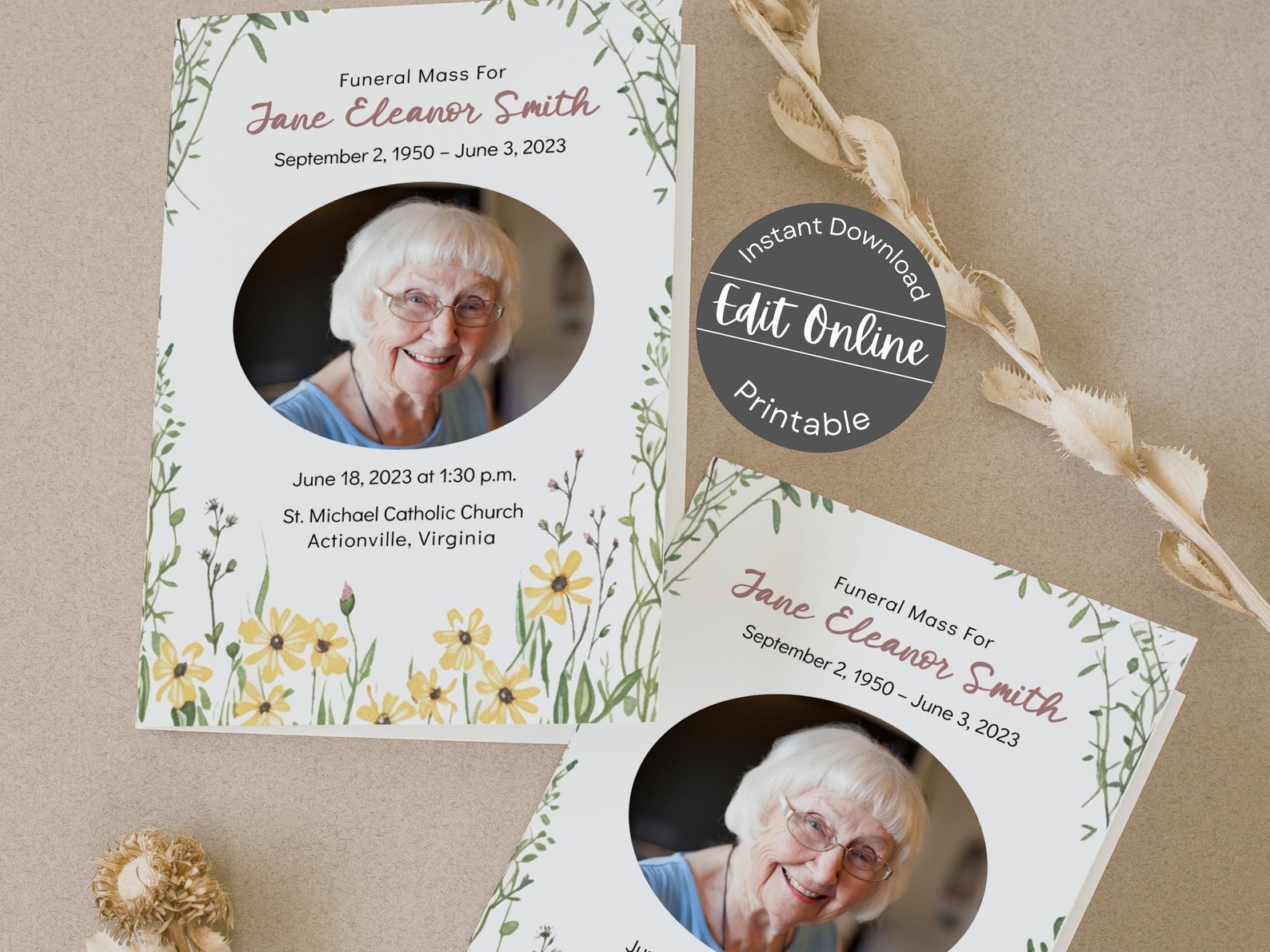 Floral Garden Funeral Program Template for Woman Editable Photo ...
