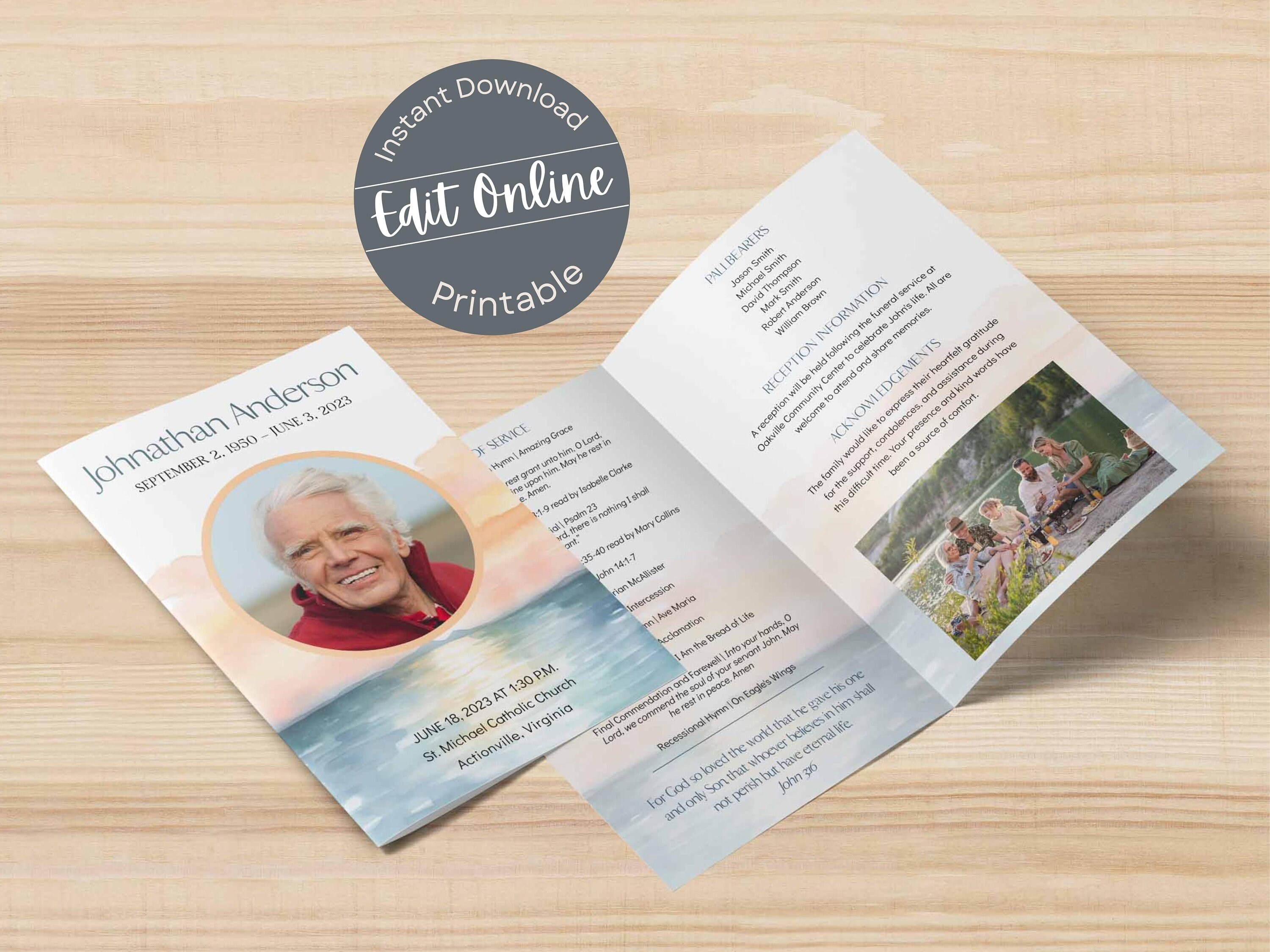 Watercolor Ocean Funeral Program Template for Man or Woman Editable ...