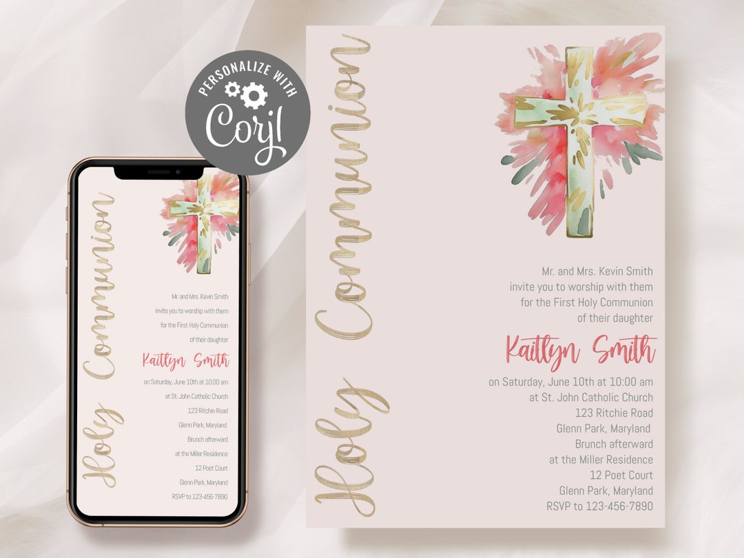Pink First Communion Invitation Template Modern Editable Cross ...