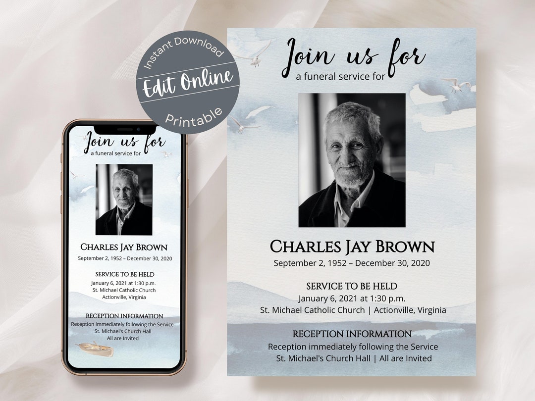 Nautical Ocean Funeral Invitation Template Editable Seagulls ...