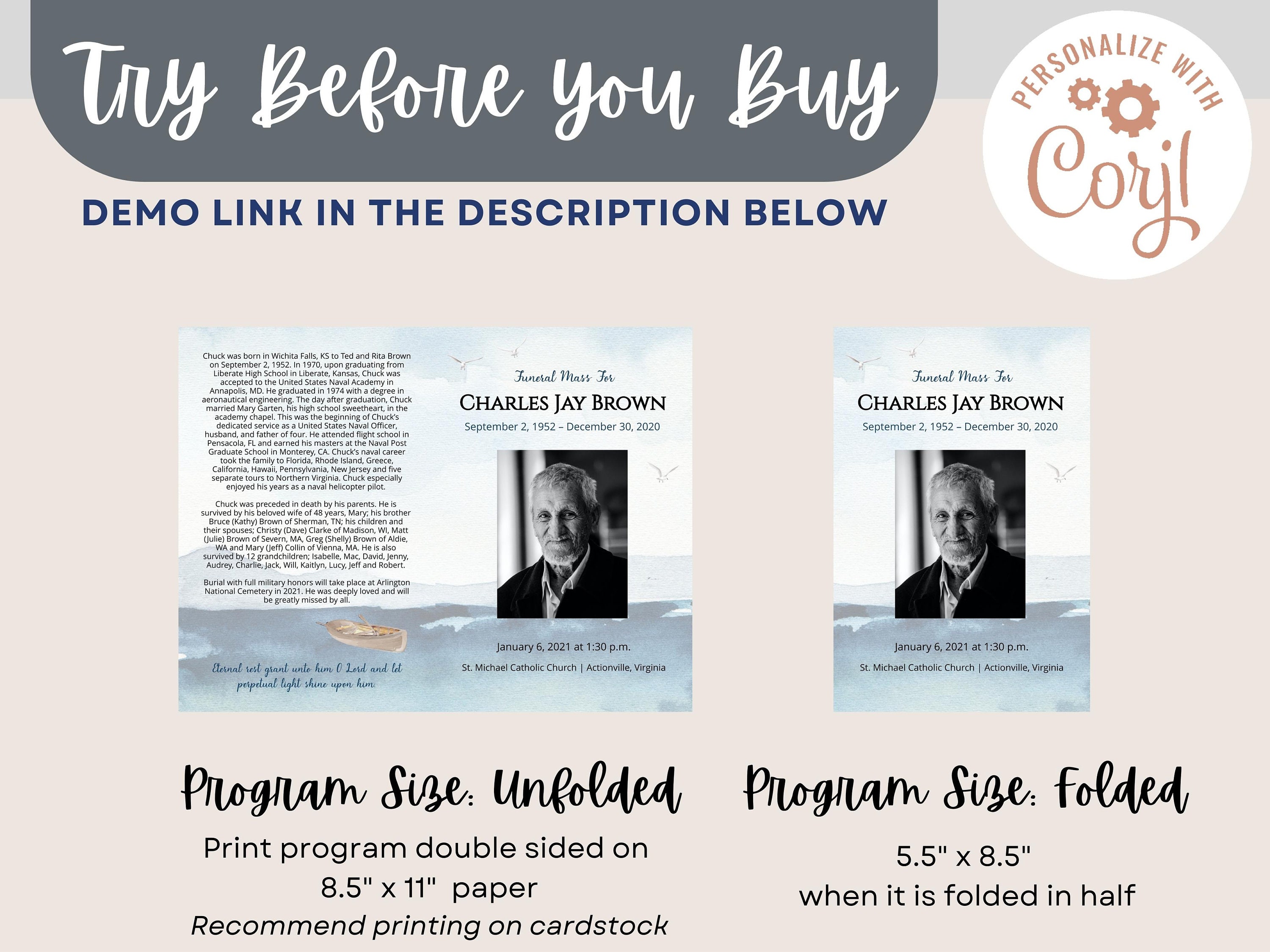 Nautical Ocean Funeral Program Template for Man or Woman Editable Photo ...