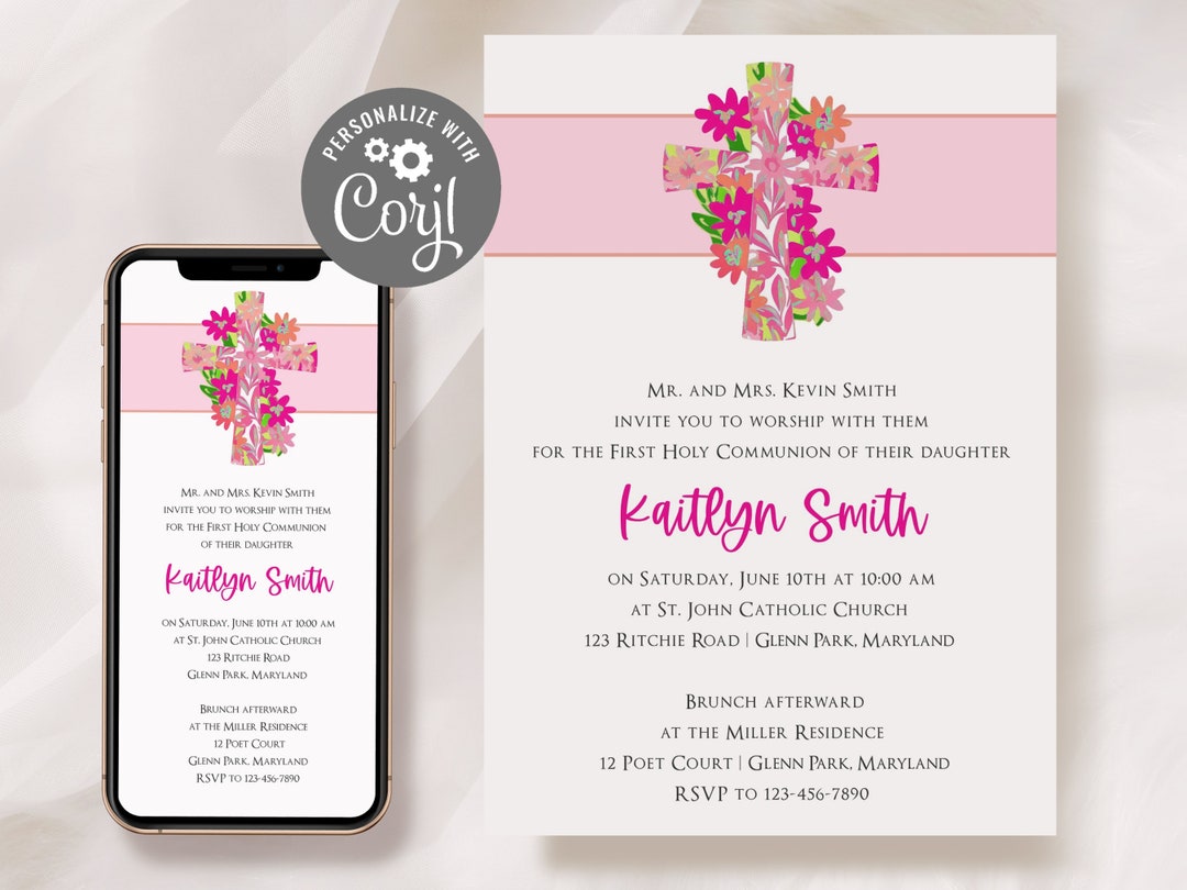 Pink Cross First Communion Invitation Template Flower Editable ...