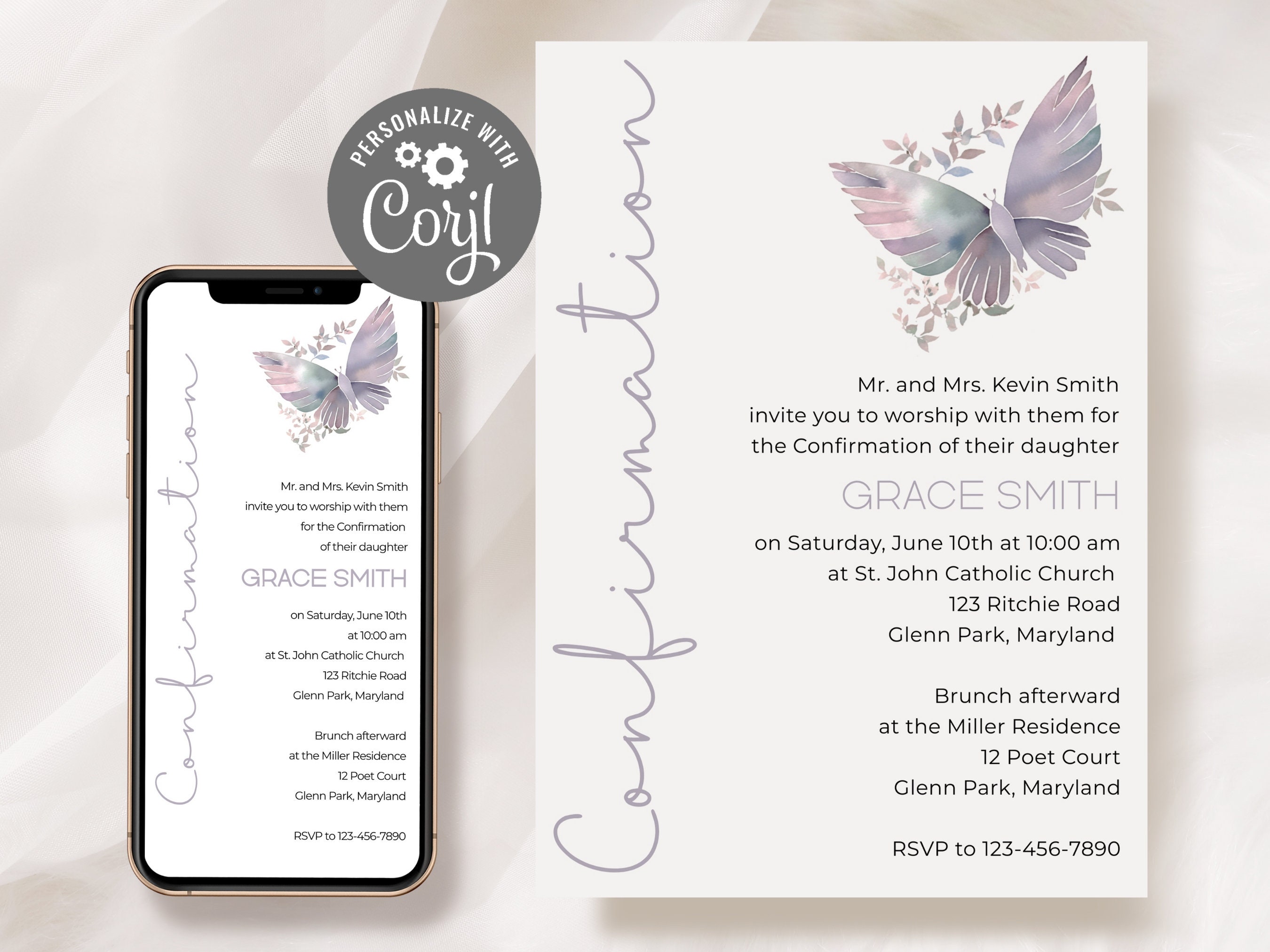 Butterfly Confirmation Invitation Template Editable Purple Girl ...